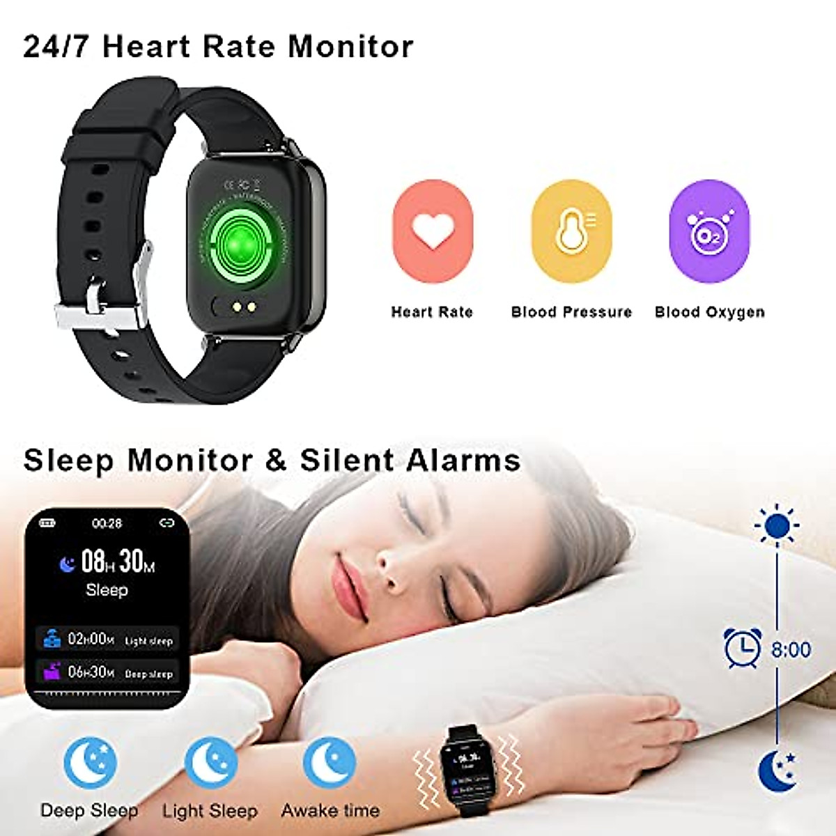 Smart Watch for Men Women 2024, 1.69'' HD Touch Screen Fitness Tracker Smartwatch for Android iOS, Fitness Watches Sleep Heart Rate Monitor, IP68 Waterproof Pedometer Activity Tracker 24 Sports Modes