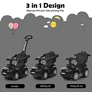 Costzon 3 in 1 Ride on Push Car, Stroller Sliding Walking Car with Horn, Music, Light, Under Seat Storage, Parental Handle, Armrest Guardrails, Ride on Toy for Boys & Girls (Black)