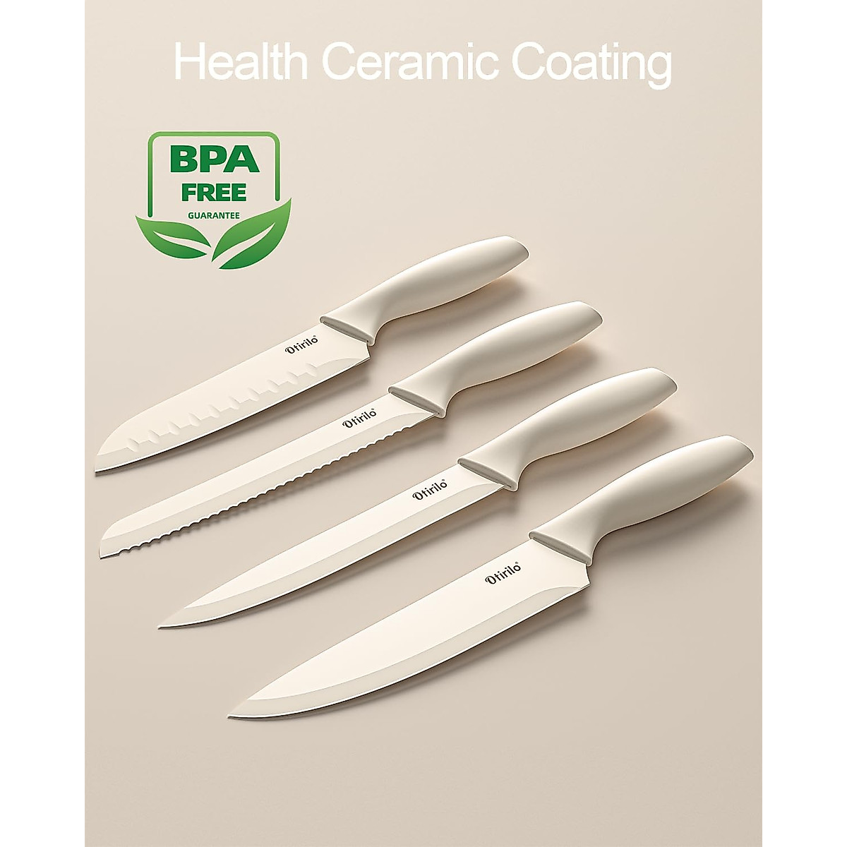 Otirilo 13 Pieces Kitchen Knife Set, Granite Nonstick Ceramic Coating Stainless Steel Sharp Chef Knives Set with Blade Guards & Kitchen Scissors, Essential Knife Set for Kitchen, Dishwasher Safe,White