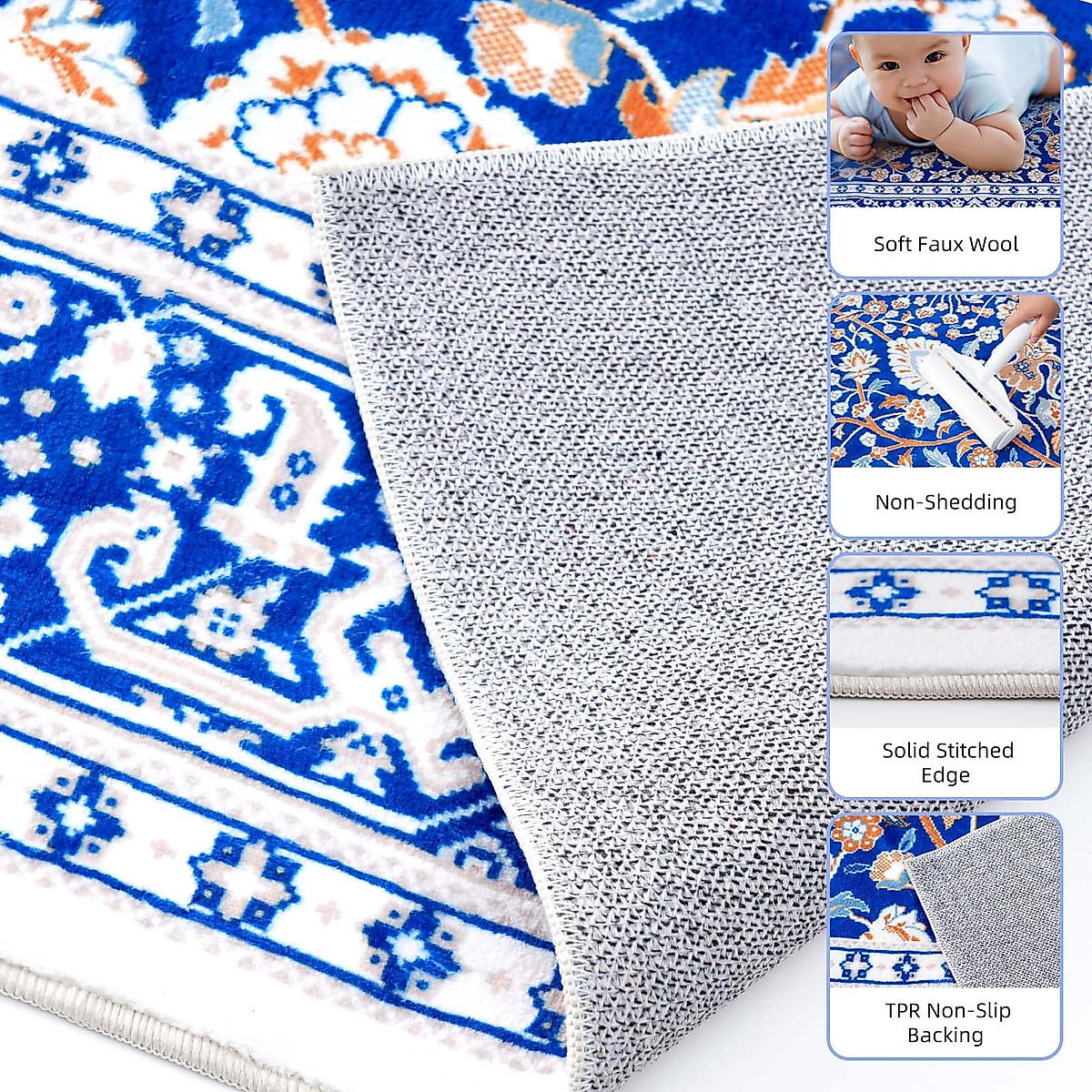 HOMETHIC Washable Area Rugs 8x10 Boho Rug Oriental Floral Soft Indoor Carpet Low Pile Non Slip Large Rugs for Living Room Bedroom Dining Room Decor Aesthetic, Blue