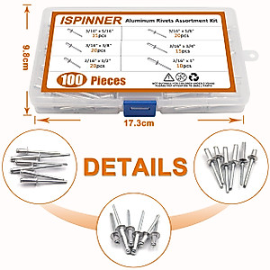 ISPINNER 100pcs 6 Sizes Aluminum Blind Rivets, Pop Rivets Assortment Kit 3/16" x (5/16" 3/8" 1/2" 5/8" 3/4" 1")(Silver)