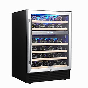 24 inch Freestanding Wine Fridge, 46 Bottle Fast Cooling Low Noise Compact Mini Wine Fridge with Stainless Steel Tempered Glass Door Small Wine Cooler Cabinet Beverage Refrigerator, for Kitchen