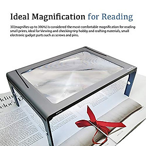 3X Large Full Page Magnifier with 12 LED Lights[Provide Evenly Lit Viewing Area], Foldable Flip-Out Legs, Dual Power Supply Modes- Ideal for Hands Free Reading, Low Vision, Seniors with Aging Eyes