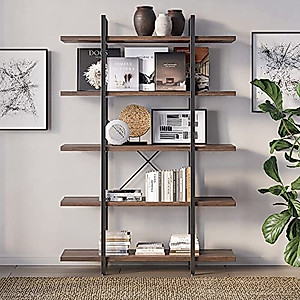 BELLEZE 5-Tier Wood Bookshelf, 70 Inch Industrial Storage Shelves Organizer for Living Room, Pantry, Home Office and Garage, Open Display Shelves with Metal Frame - Dark Walnut