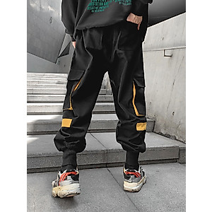 Ambcol Men's Jogger Pants Techwear Hip Hop Harem Pants Streetwear Tactical Track Pants with Drawstring Black-Yellow Medium