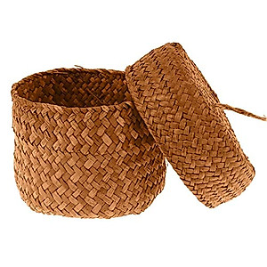 tJexePYK Mini Wicker Storage Baskets with Lid Natural Round Desktop Storage Basket Japanese Style Small Spun Wicker Basket Box
