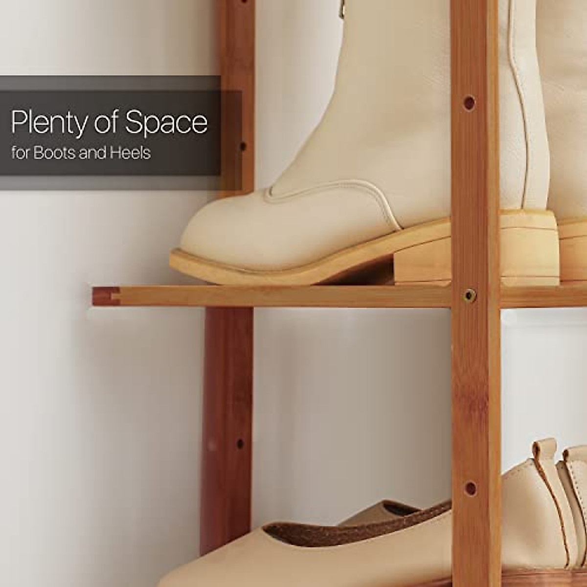 MoNiBloom 5 Tier Shoe Rack, Bamboo Narrow Single Pairs Shoe Storage Space Saving Ventilated Shoe Organizer for Small Spaces Corner Hallway Entryway, Brown