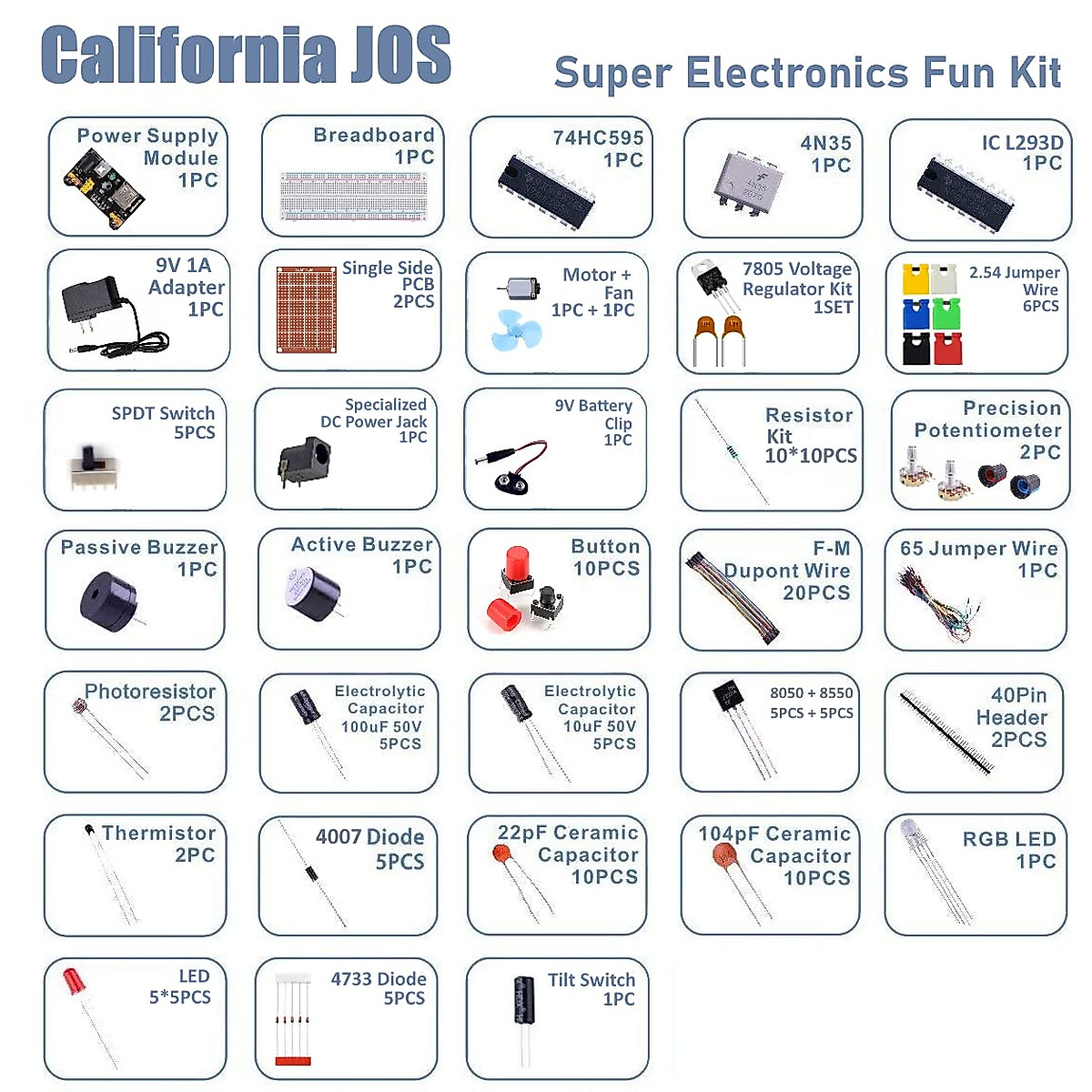 California JOS Electronics Component Fun Kit (Breadboard Super Kit) Bundle with Breadboard Cable Resistor, Capacitor, LED, Potentiometer, for Arduino, Respberry Pi