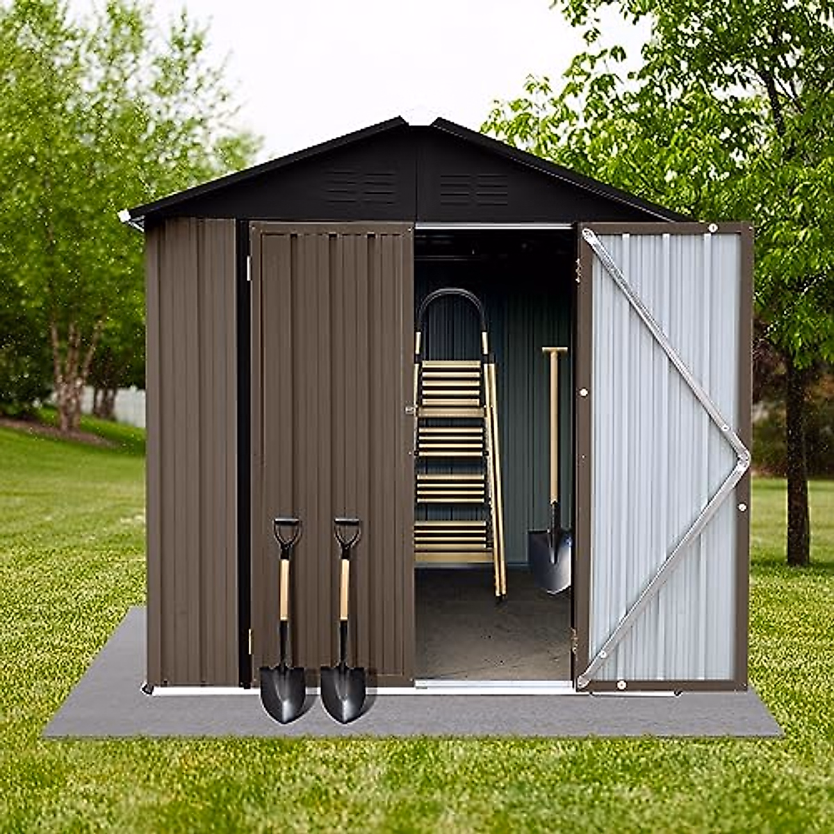 HOMLOVLY 6FT x 4FT Metal Storage Shed with Pent Roof,Outdoor Storage Shed with Double Lockable Doors,Waterproof Garden Shed Tool House for Backyard Patio Lawn, Brown