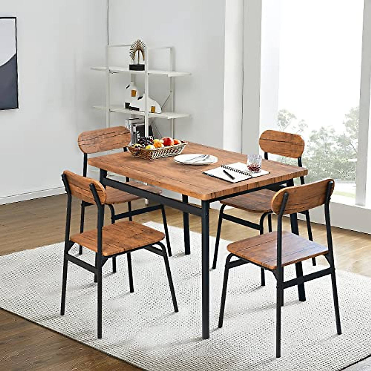 Lamerge 5-Piece Dining Table Set, Kitchen Table Set for 4, Industrial Dining Table and Chairs Set with Metal Frame, Kitchen Table and Elliptic Curve Chairs for Small Space, Homeoffice, Breakfast Nook