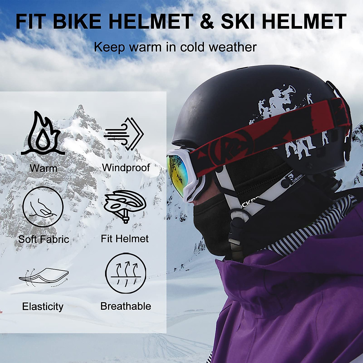 ROCKBROS Ski Mask Balaclava for Men Cold Weather Scarf Windproof Thermal Winter Women Neck Warmer Hood for Cycling Hiking Black