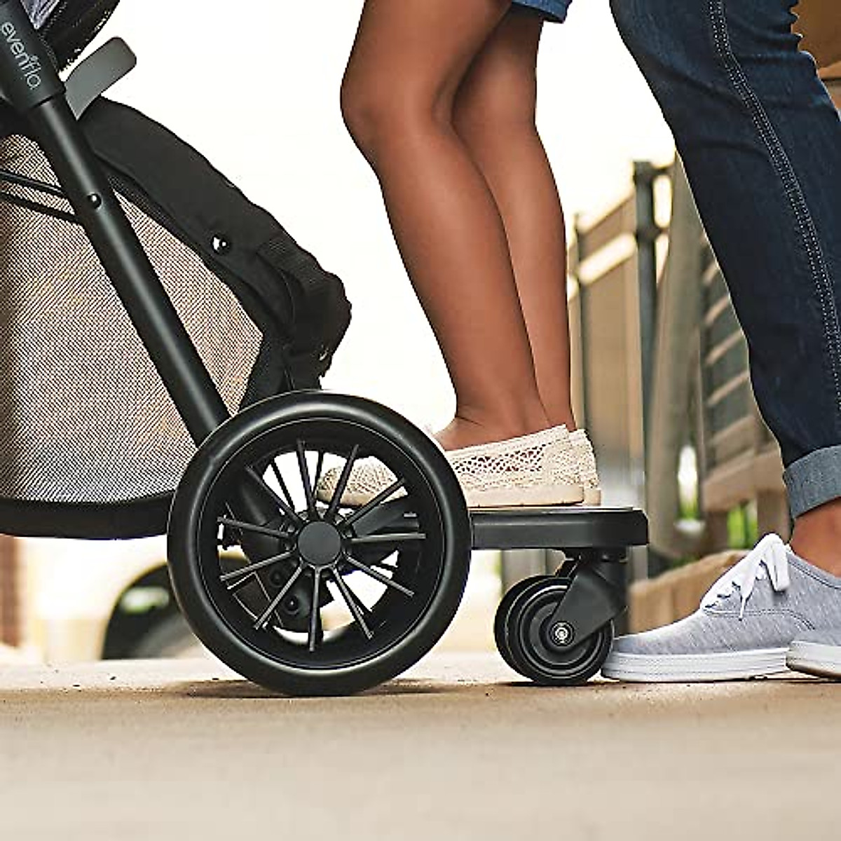 Evenflo Sibby Travel System, Stroller, Car Seat, Ride-Along Board, Oversized Storage Basket, 3-Panel Canopy, Multiple-Position Recline, Easy to Fold and Store, Materials, Charcoal