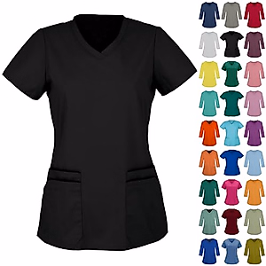 Scrubs for Women,2023 Causal V Neck Short Sleeve Medical Top Lightweight Nursing Uniform Solid Stretch Soft Wrinkle Free Workwear Multiple Pockets Jogger Shirt Athletic Tee(A-Black,S)
