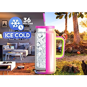 Meoky 50 oz Tumbler with Handle and Straw, Stainless Steel Vacuum Insulated Tumbler with Lid and Straw, Keeps Cold for 36 Hours, 100% Leak-proof, BPA-Free, Non-slip Base (Rainbow)