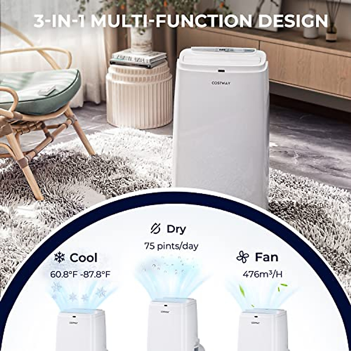 DORTALA 12000 BTU Portable Air Conditioner, 3-in-1 AC Cooling Unit with Dehumidifier & Fan Modes, Remote Control, Cools 450 Sq. Ft, Compact Freestanding Air Conditioner, White (12000BTU)