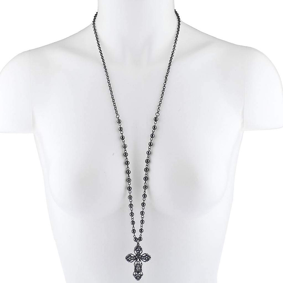 LUX ACCESSORIES Classic 80s Gothic Rosary Cross Beaded Pendant Necklace (HEM)