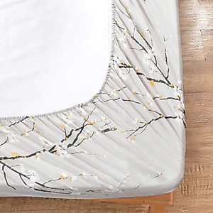 Nanko Queen Fitted Bed Sheet 80x60 Deep Pocket Mattress Tan Gray Plum Blossom Floral Cool Soft Lightweight Microfiber Bedding Set 2 Pillowcases 10 11 12 14 inch Grey Flower