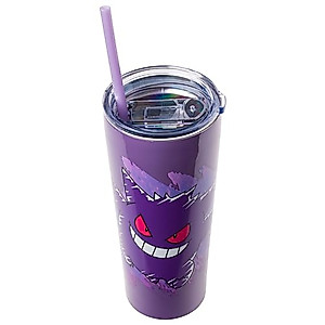 Silver Buffalo Pokemon Gengar Double-Walled Stainless Steel Purple Tumbler with Lid and Reusable Straw, 22 Ounces