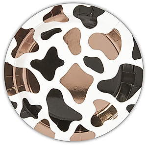 BLUE PANDA 48 Pack Cow Print Paper Plates for Barnyard Birthday Party Supplies, Farm Animal Baby Shower (Brown Foil Print, 9 Inches)