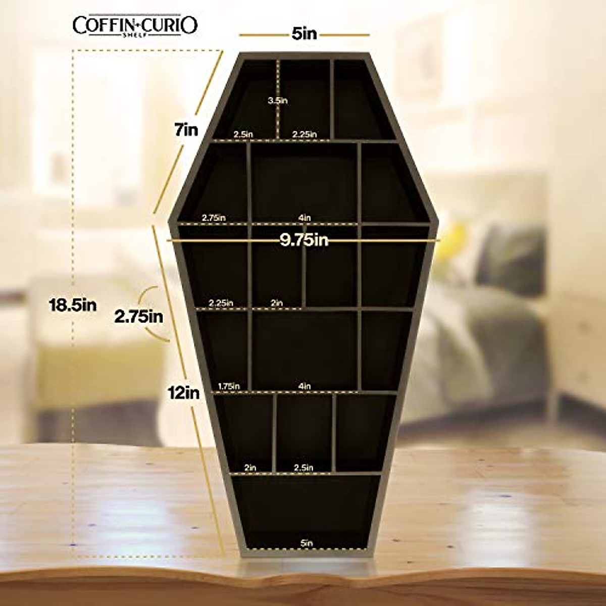 Gothic Curiosities Curio Coffin Shelf - Wooden Goth Decor for Display or Storage of Shot Glasses, Mini Figures, Rocks, and More - 18.5 by 9.75 by 2.75 Inches