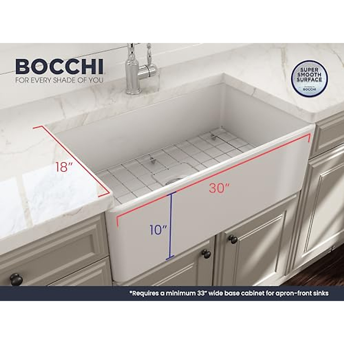BOCCHI Classico Farmhouse Apron Front Fireclay 30 in. Single Bowl Kitchen Sink with Protective Bottom Grid and Strainer in White