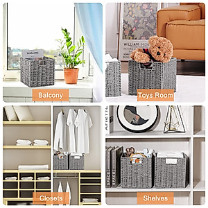 Vagusicc Wicker Baskets for Storage, Wicker Baskets for Shelves, Set of 4 Hand-Woven Round Paper Rope Storage Baskets Wicker Baskets for Organizing Storage Bins, Grey