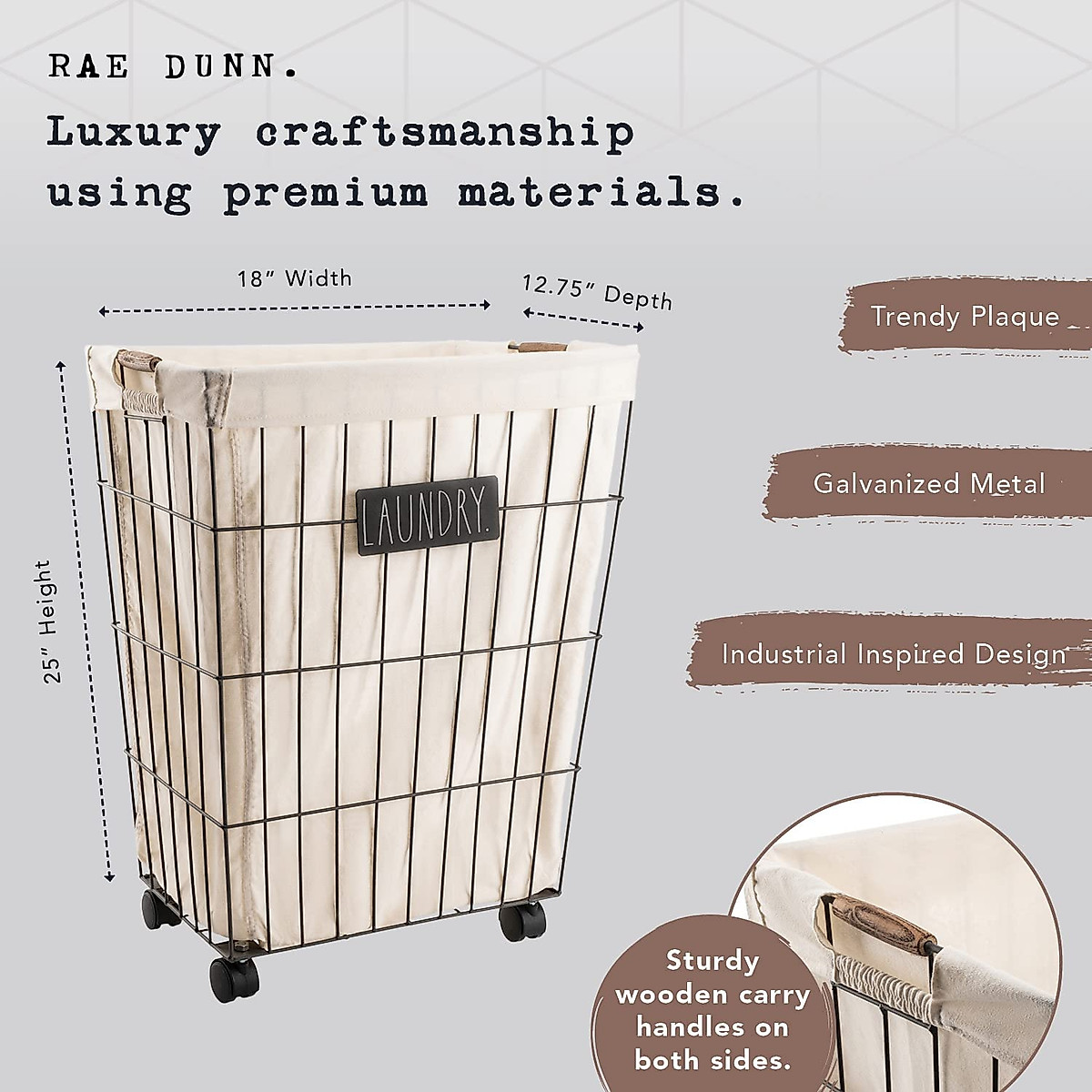 Rae Dunn Heavy Duty Laundry Hamper on Wheels - Lined Basket with Removable Cloth Liner - By Designstyles