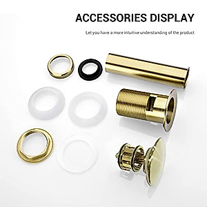 Pop Up Drain with Detachable Basket Stopper, Brass Overflow Bathroom Faucet Sink Drain with Built-in Anti-Clogging Strainer, Brushed Gold