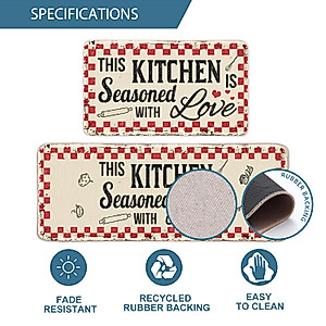 YOUWOUS The Kitchen is Seasoned with Love Kitchen Mats Set of 2-17x29 and 17x47 Inch, Decorative Non Slip Backing Floor Mat for Home Kitchen Red