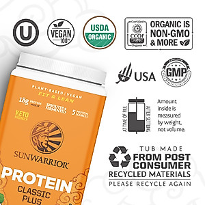 Sunwarrior Vegan Organic Protein Powder Plant-based | 5 Superfood Quinoa Chia Seed Soy Free Dairy Free Gluten Free Synthetic Free NON-GMO | Vanilla 30 Servings | Classic Plus