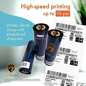 12 Rolls Wolfbarco 4.33" x 984' (110m x 300m) Black Standard Full Resin Thermal Transfer Ribbon Compatible with Zebra,TEC, INTERMEC,Citizen,TSC,GODEX,ARGOX Printers