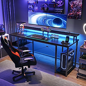 ODK 63 inch Computer Desk with Power Outlets & LED Lights, Gaming Desk with Monitor Stand & Storage Sheves, Home Office Desk, Black