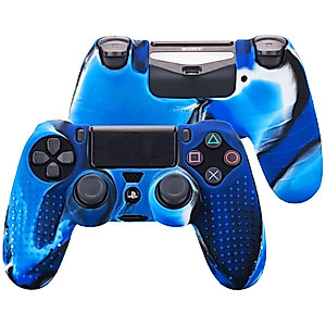YoRHa Studded Silicone Cover Skin Case for Sony PS4/slim/Pro Dualshock 4 Controller x 1(Camouflage Blue) with Pro Thumb Grips x 8