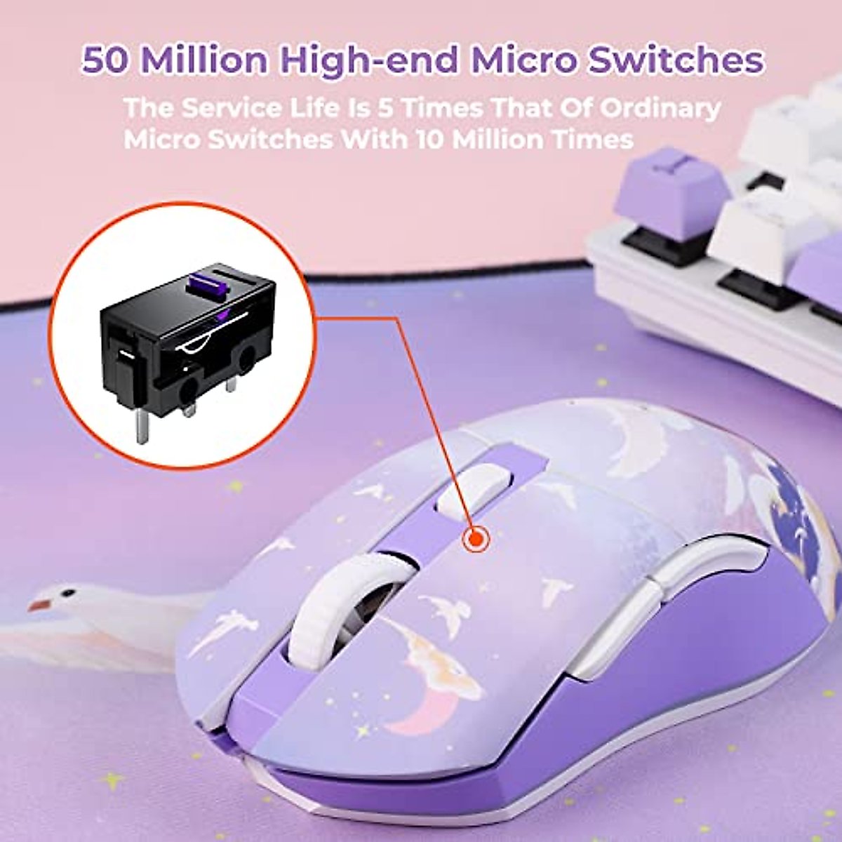 DAREU Dream Purple Wireless Gaming Mouse with Charging Dock Rechargeable RGB,12K DPI,7 Programmable Buttons High-Precision Sensor [300IPS] [1000Hz] for PC Notebook Mac
