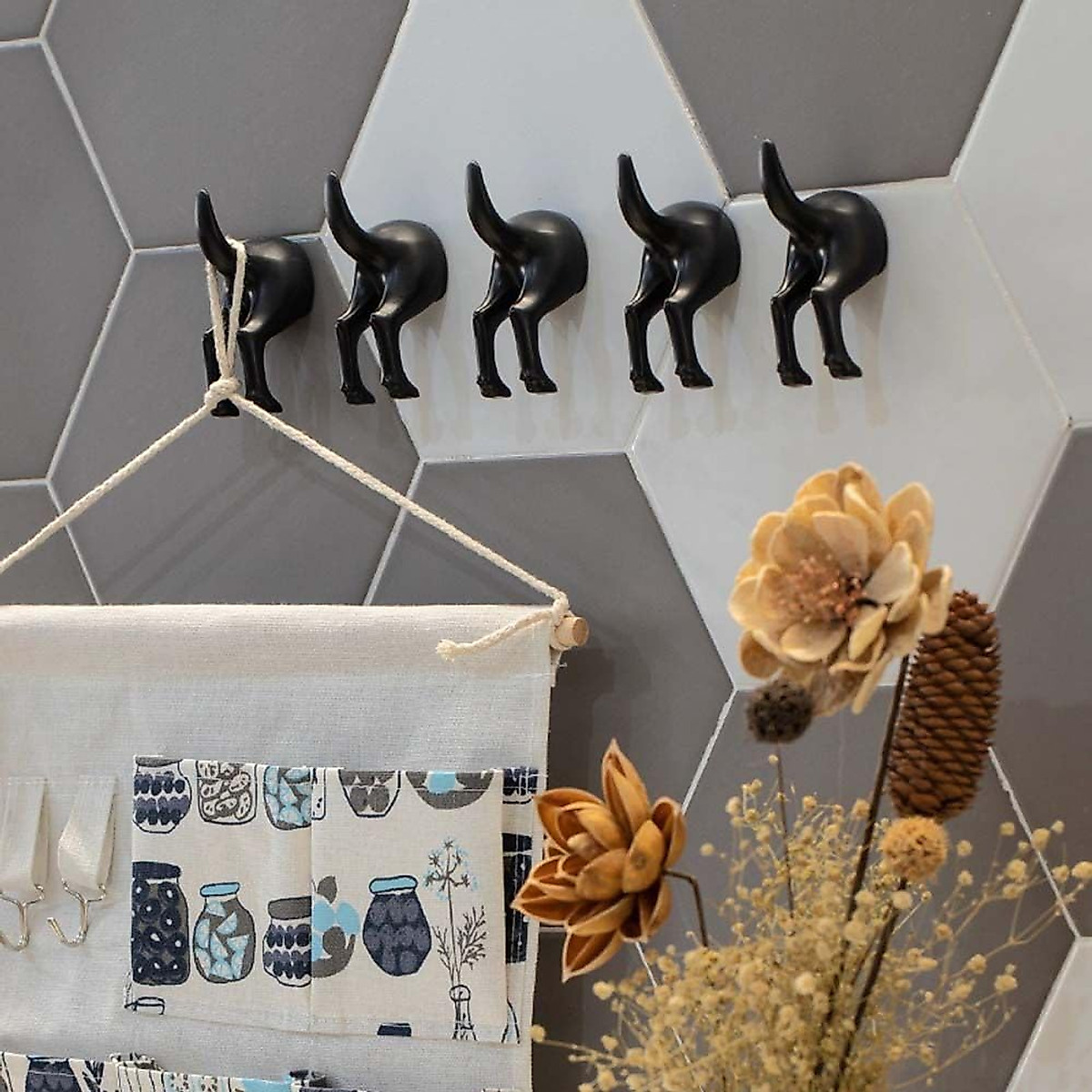 Dog Tail Shape Key Holder Adhesive Hooks Key Hooks Coat Hooks Utility Hooks Decorative Wall Hooks for Kitchen Office Room Bathroom Bedroom(Black)