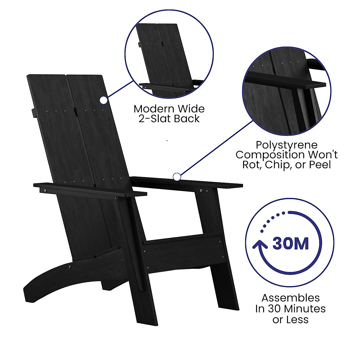 Merrick Lane Piedmont 2 Slat Poly Resin Adirondack Chair - Black - Modern Design - Indoor/Outdoor