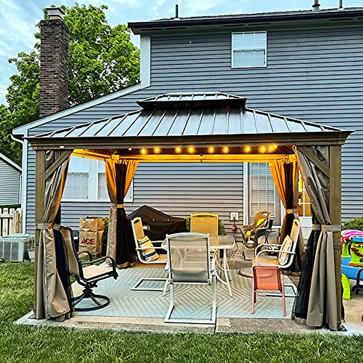 10' x 12' Hardtop Gazebo Outdoor Aluminum Wood Grain Gazebos with Galvanized Steel Double Canopy for Patios Deck Backyard,Curtains&Netting by domi outdoor living