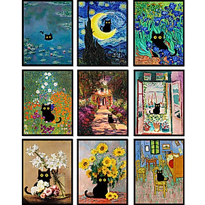 9Pcs Funny Black Cat Wall Art Cats in Famous Paintings Posters Prints Vintage Gallery Wall Decor Pictures Eclectic Cute Preppy Aesthetic Room Decor,Unframed