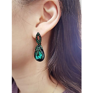 Vintage Rhinestone Dangle Earrings for Women Girls Dark Green Teardrop Crystal Drop Statement Huggie Studs Retro Boho Earring Luxury Birthday Wedding Party Jewelry