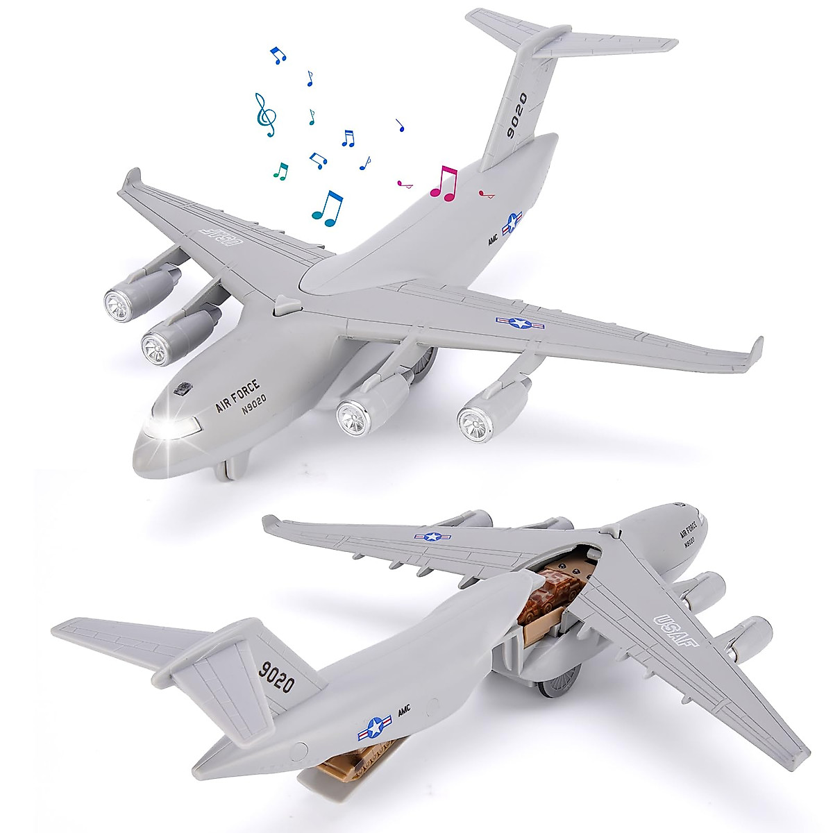 Crelloci Air Force Diecast Plane Toy with Lights & Sounds Pull Back, Grey Metal Military Model Airplane, Army Aircraft Fighter Toy, Play Vehicle for Kids Boys Toddlers Ages 3+