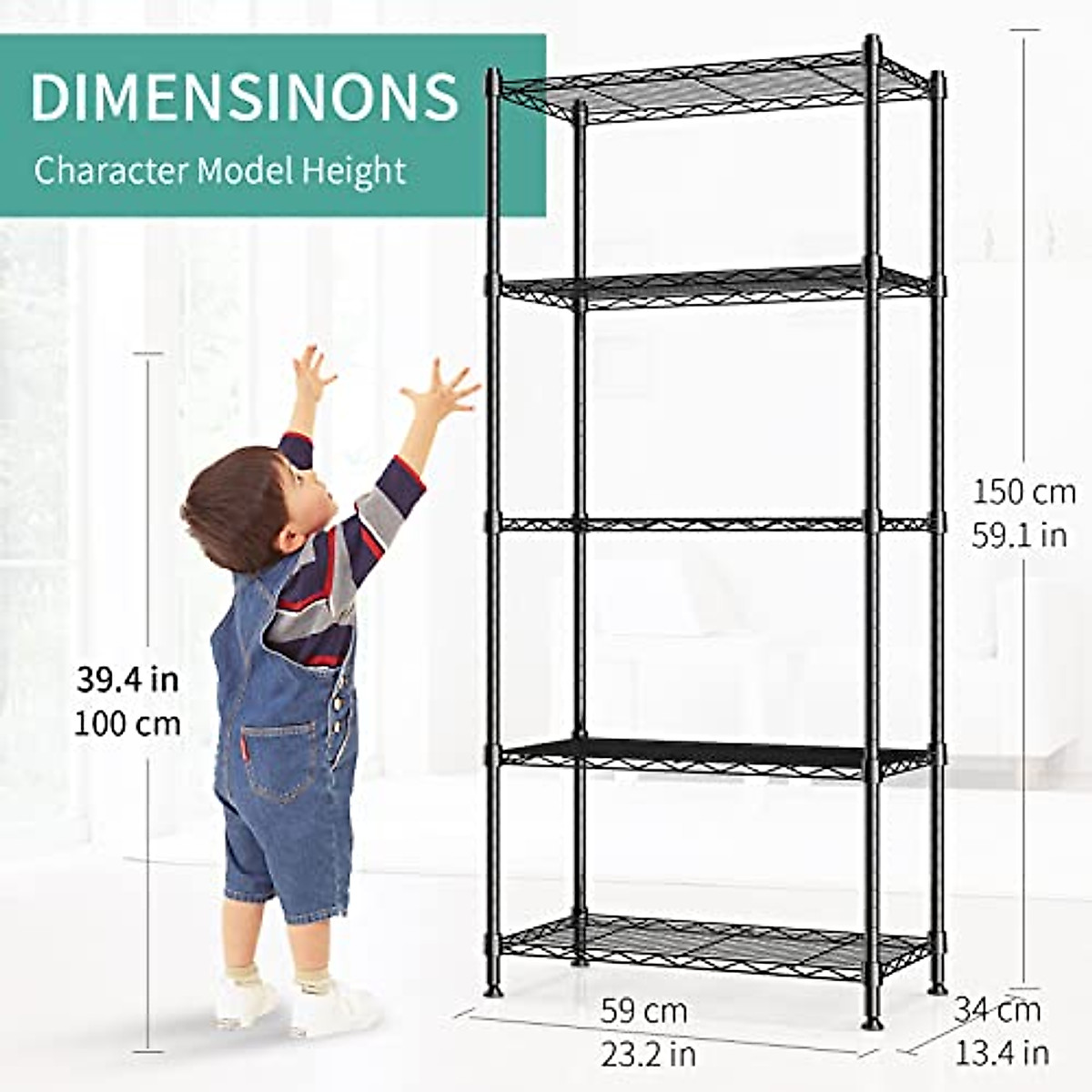 ALVOROG 5-Shelf Shelving Storage Unit Heavy Duty Metal Organizer Wire Rack with Leveling Feet and Hooks Adjustable Shelves for Bathroom Kitchen Garage (23.2Lx13.4Wx59.1H)