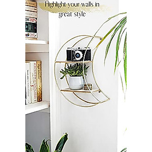 Crescent Moon Shelf for Crystals,Gold Shelf,Crystal Shelf for Wall Decor, Gold Floating Shelves, Moon Shelf Crystal Wall Decor, Moon Decor,Stones Essential Oil, Wooden Shaped Crystal Display Shelf.