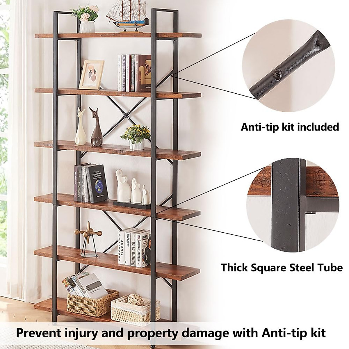 HSH Solid Wood Bookshelf, 6 Tier Tall Industrial Etagere Bookcase and Storage Shelves Heavy Duty, Rustic Large Open Vertical Metal Natural Real Wood Book Shelf for Bedroom Living Room Distressed Brown