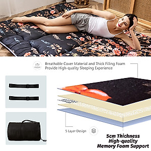 Black Floral Japanese Futon Floor Mattress, Bed Mattress Topper Portable Thick Sleeping Pad Floor Bed Roll Up Camping Mattress Folding Couch Bed Mattress Pad for Guest Room, Full Size