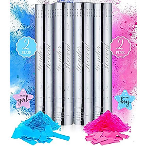 Gender Reveal Confetti Powder Cannon - 2 Blue & 2 Pink Poppers - Gender Reveal Party Supplies - Smoke Powder & Confetti Sticks Cannons - Gender Reveal Stickers 40pcs (20 Girl 20 Boy)