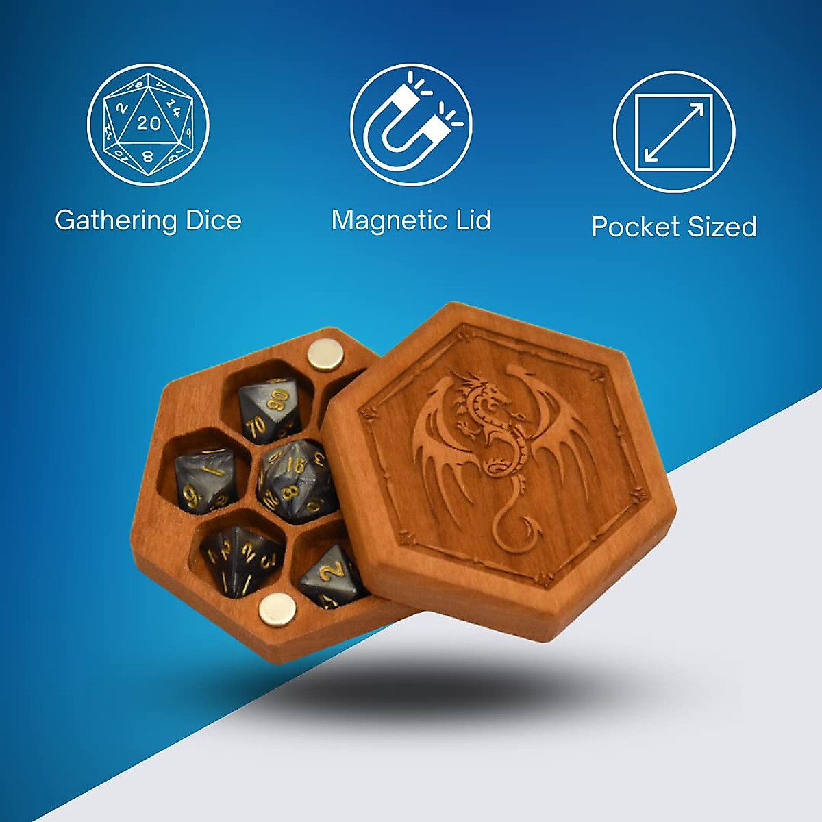 Elderwood Academy Keychain Hex Dice Wood Chest with Magnetic Lid - Perfect for DnD, Magic the Gathering Dice Counters and Any Other Tabletop Games (Mini-Cherry/Dragon)