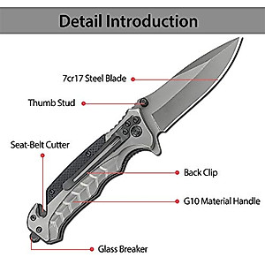 NedFoss Knifes Pocket Knives for Men, Folding Pocket Knife with Glass Breaker, Seatbelt Cutter, G10 Handle, Thumb Stud for Emergency Rescue, Household, Workshop (FA46)
