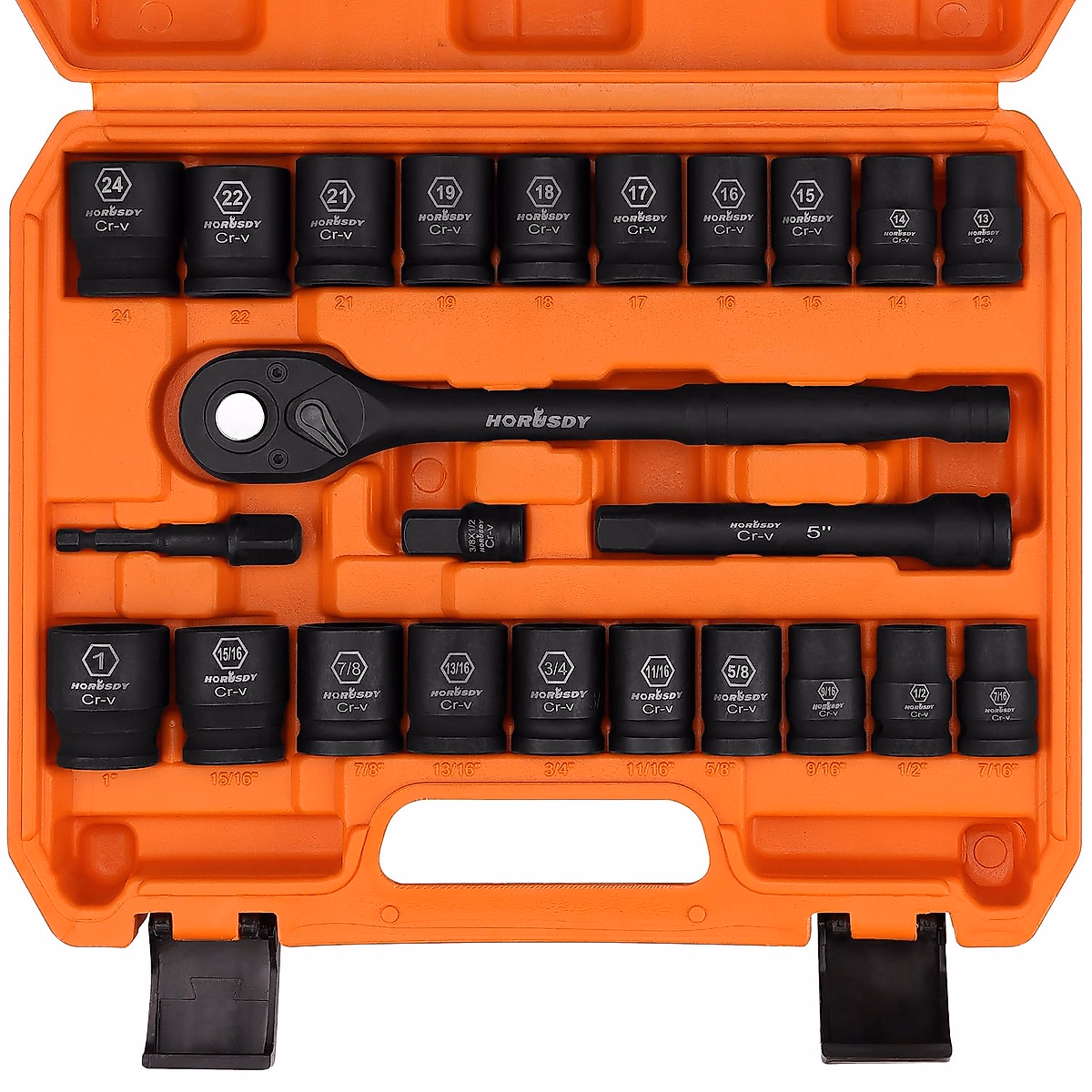 HORUSDY 1/2" Drive Impact Socket Set, 24-Piece Shallow Standard SAE (7/16"-1") and Metric (13-24mm) Size, 6 Point, Cr-V, with 1/2-Inch Drive Ratchet Handle, Drive Extension Bar