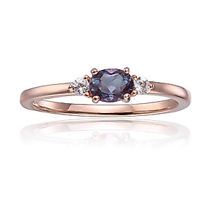 Fine Color Jewels Alexandrite Solitiare Ring with Accents Art Deco Style Rose Gold Rings for Women Valentines Day Gift for Her in Size 5 6 7 8 (Oval Three Stone, 8)