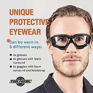 ToolFreak Spoggles - Clear Lens With Hard Case - Safety Glasses & Protective Goggles - Polycarbonate Lens, ANSI Z87 Rated - Foam Padded, Removable Legs, Headstrap, Hard Case & Cloth